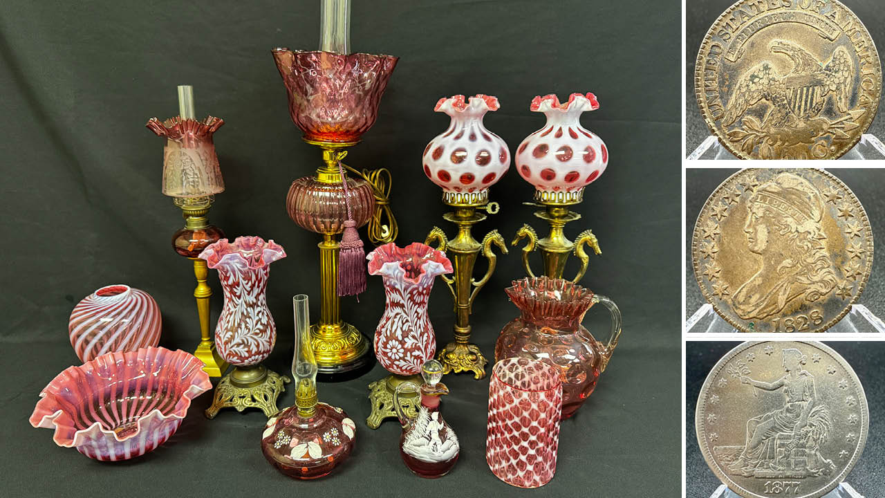 Cranberry Opalescent Glass & Coin Collection, Trade Dollars, Fenton ...