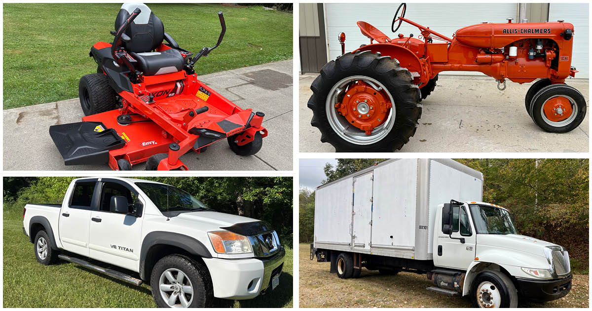 Ariens Mower, Kubota Loader, Trucks, and Tools